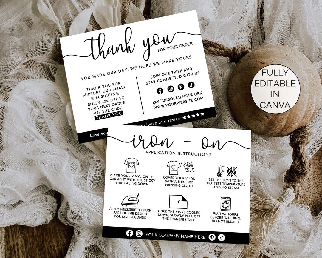 Heat Transfer Vinyl Care Card, Editable Iron-on Instructions Card ...