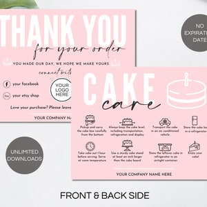 Cake Care Card Editable Template, Bakery Business Thank You Cards, Cake ...