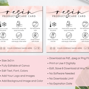 Editable Resin Care Card, Printable Resin Product Care Instructions ...