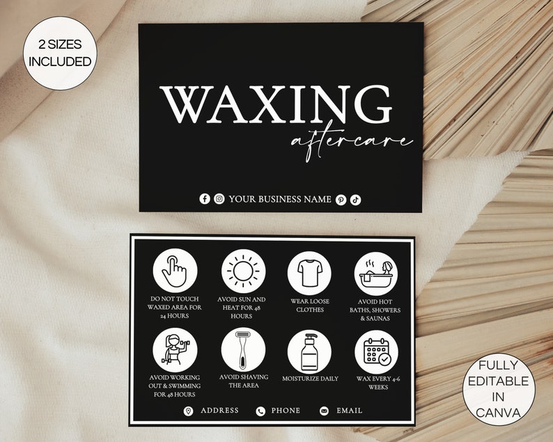 Waxing Aftercare Card, Printable Hair Wax Care Cards, Editable Canva ...