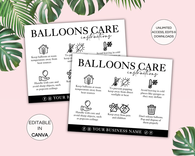 Balloon Care Card, Editable Balloons Care Instructions, Air Helium ...