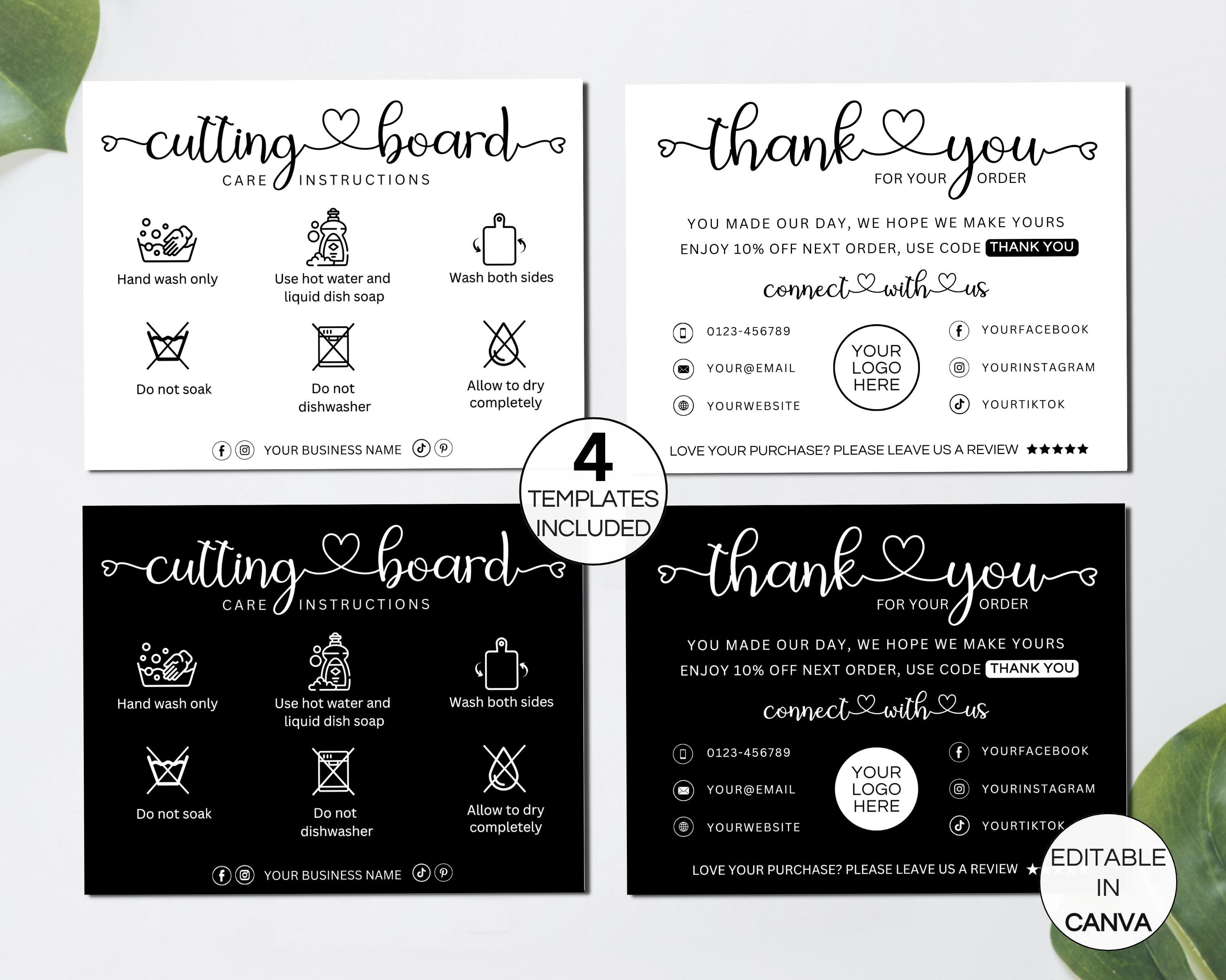 Cutting Board Care Card Template, Editable Cutting Board Care ...