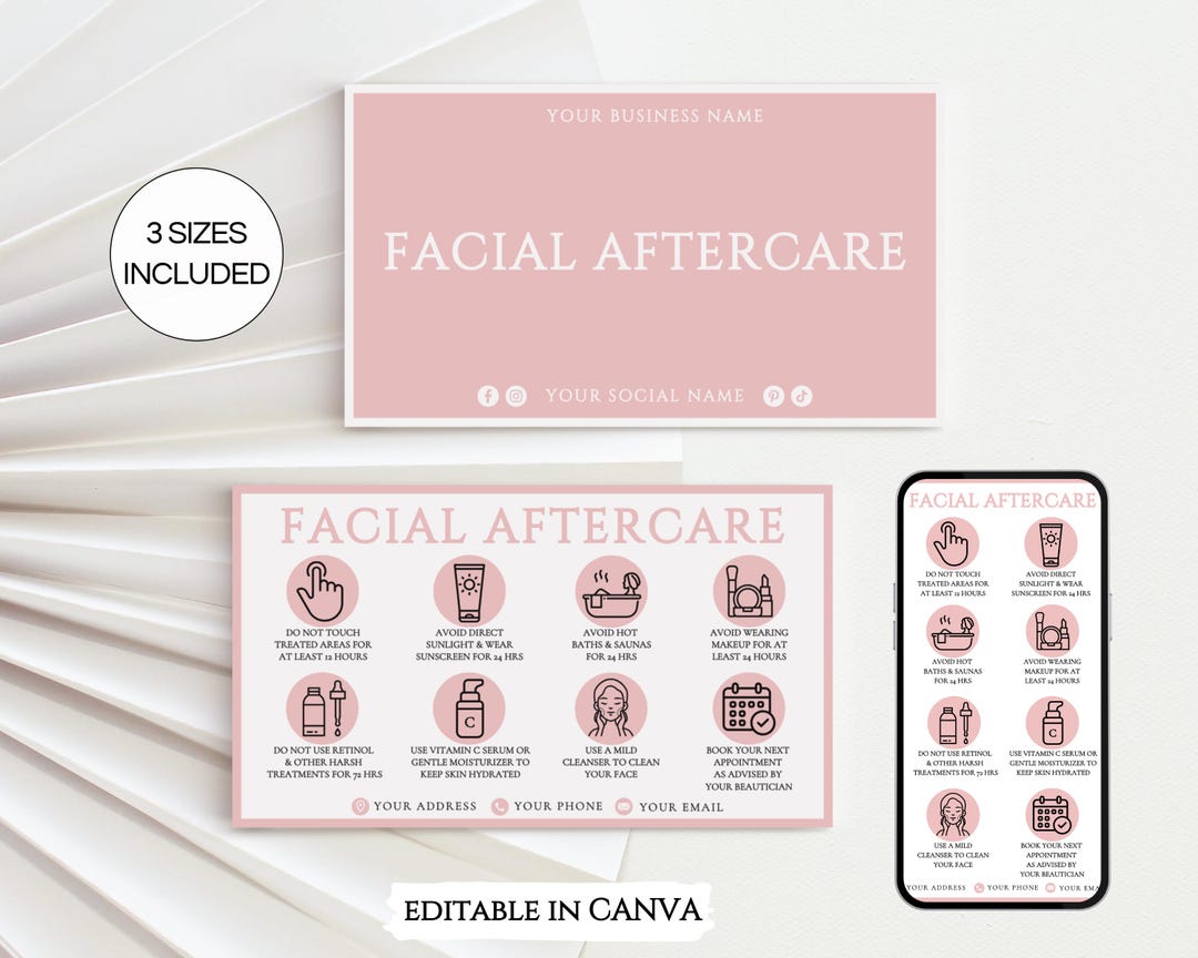 Editable Facial Aftercare Card, Facial Treatment Care Cards, Printable ...