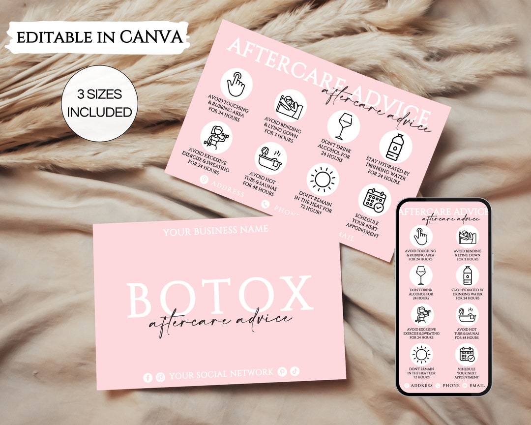 Editable Botox Aftercare Card, Printable Botox Filler Aftercare Cards ...