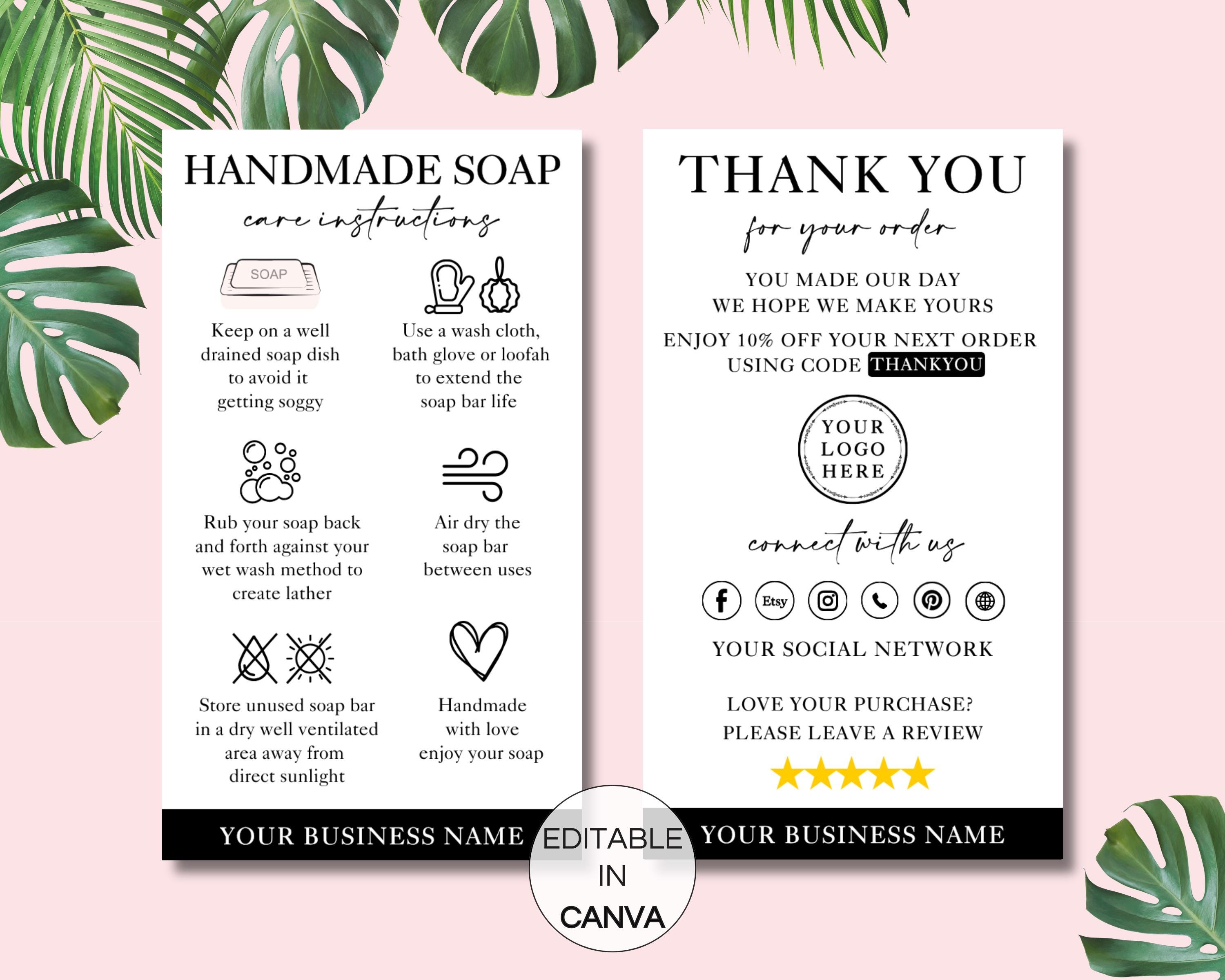Handmade Soap Care Card, Printable Soap Instructions Cards, Editable ...