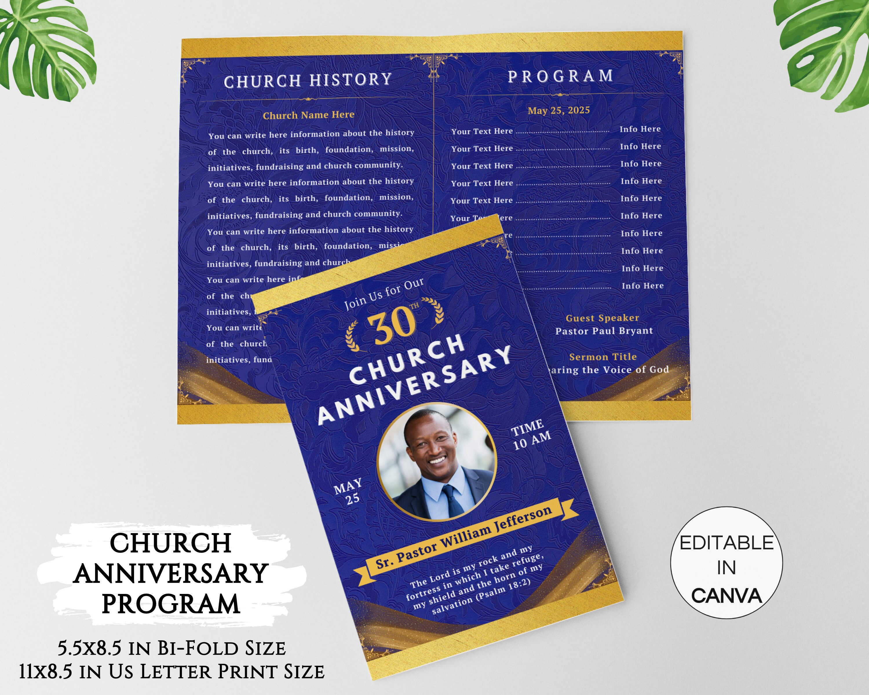 Church Anniversary Program Template, Editable DIY Church Anniversary Bifold Brochure, Printable ...