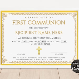 First Communion Certificate Template, Editable First Holy Communion ...