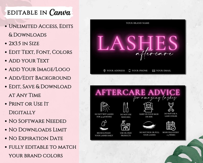 Lash Aftercare Card, Editable Eyelash Care Card, Beauty Salon ...
