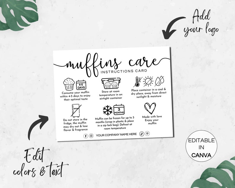 Muffin Care Card, Printable Muffins Bakery Instructions Cards, Editable ...