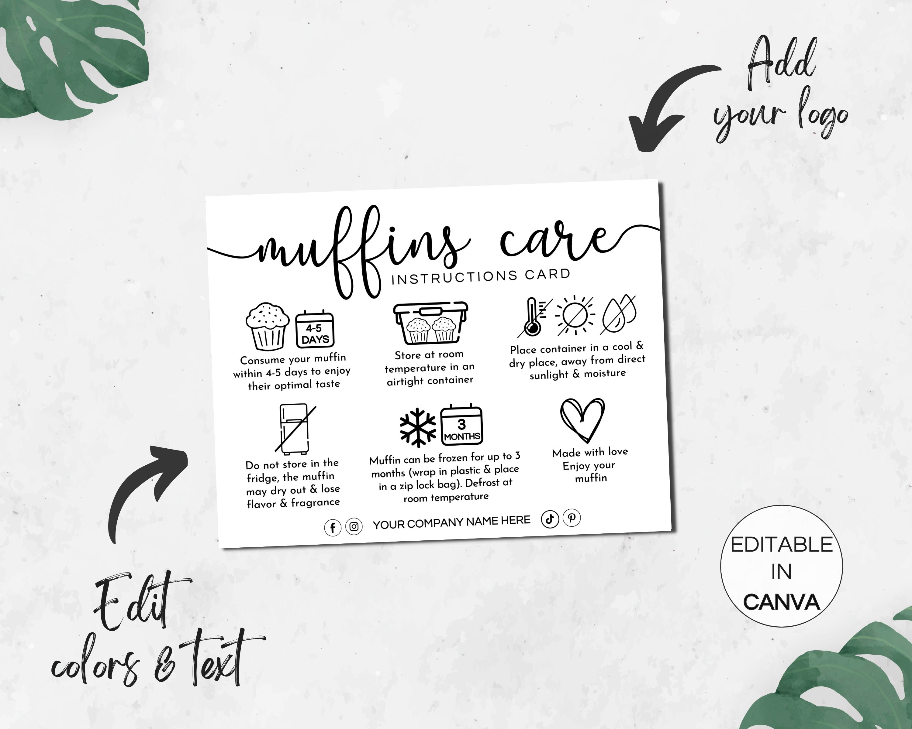 Muffin Care Card, Printable Muffins Bakery Instructions Cards, Editable ...