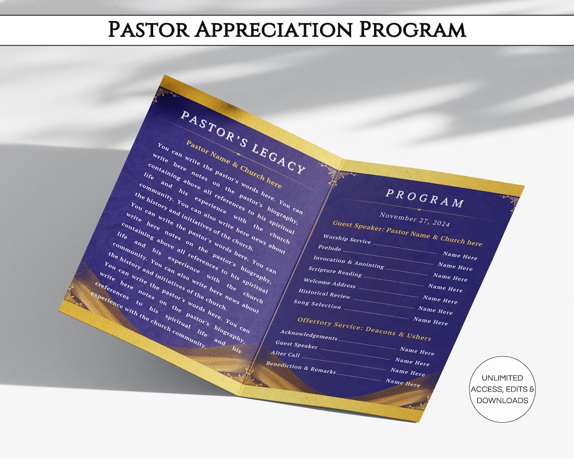 Pastor Appreciation Program Template, Editable Pastor Installation ...