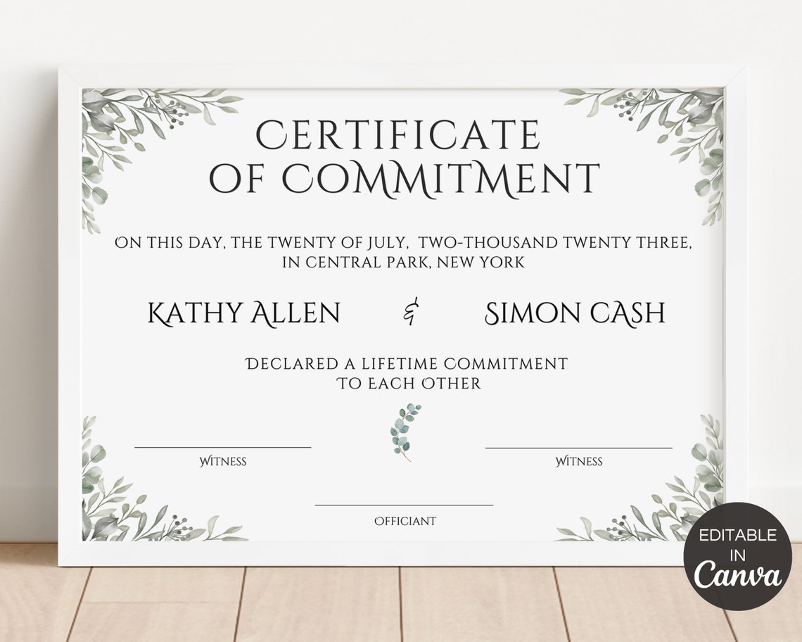 Greenery Certificate of Commitment Template Editable - Etsy