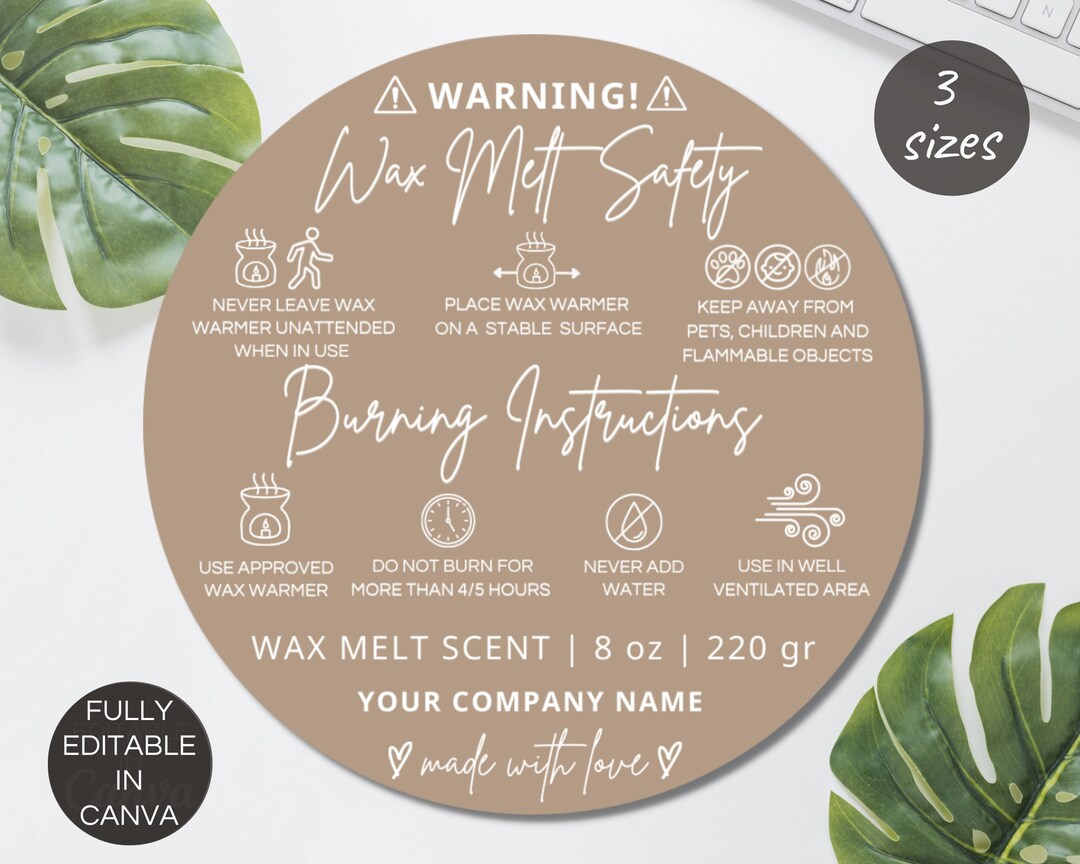 Editable Wax Melt Warning Label Canva Template, Printable Wax Safety ...