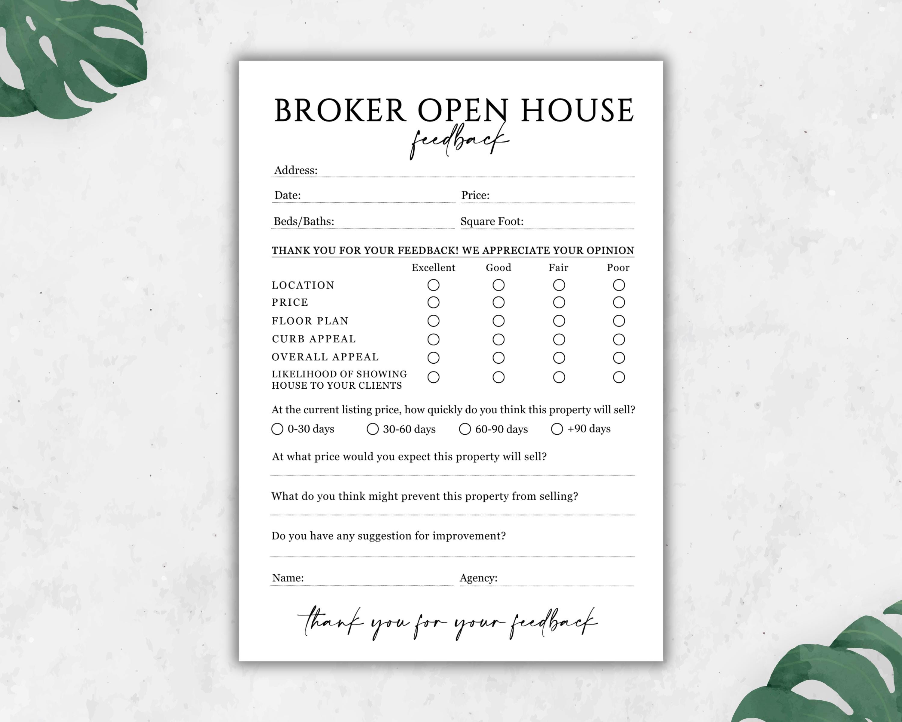 Broker Open House Feedback Form, Real Estate Agent Open House Feedback ...