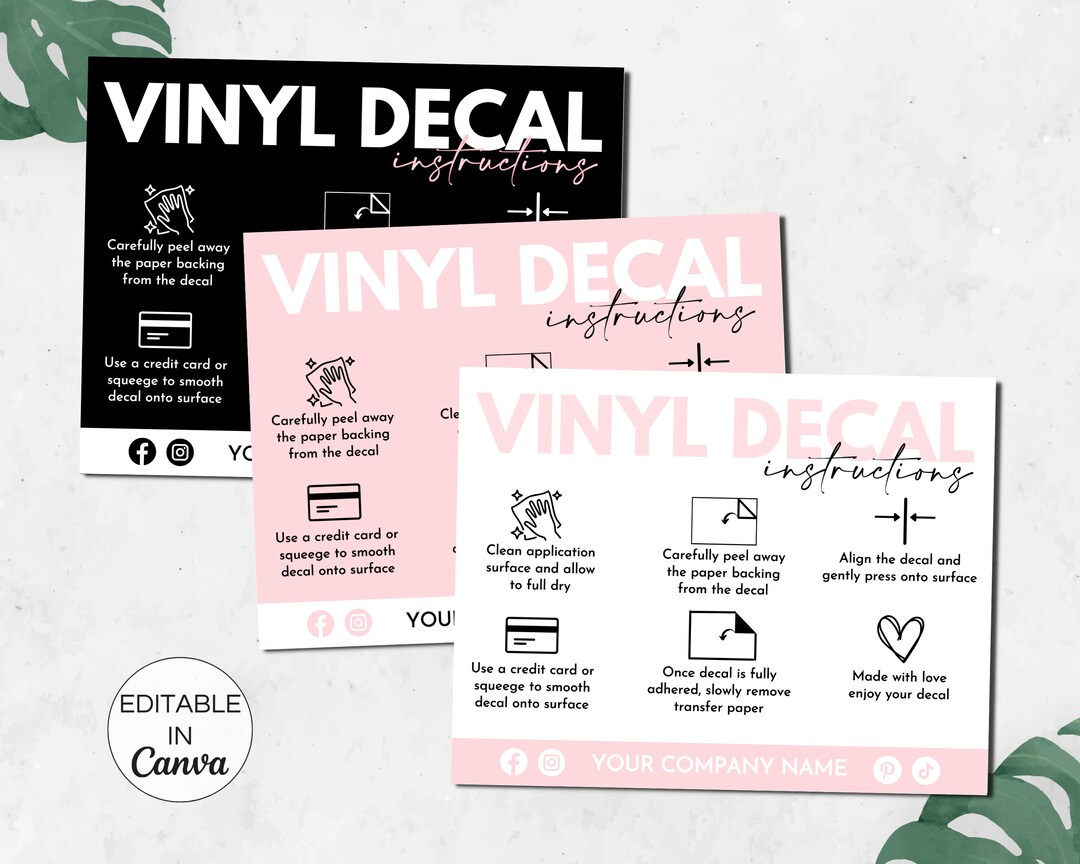Vinyl Decal Application Instructions Card, Editable Vinyl Care Card, Printable Decal ...