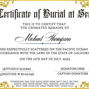 Editable Certificate of Burial at Sea Template, Printable Burial at Sea ...