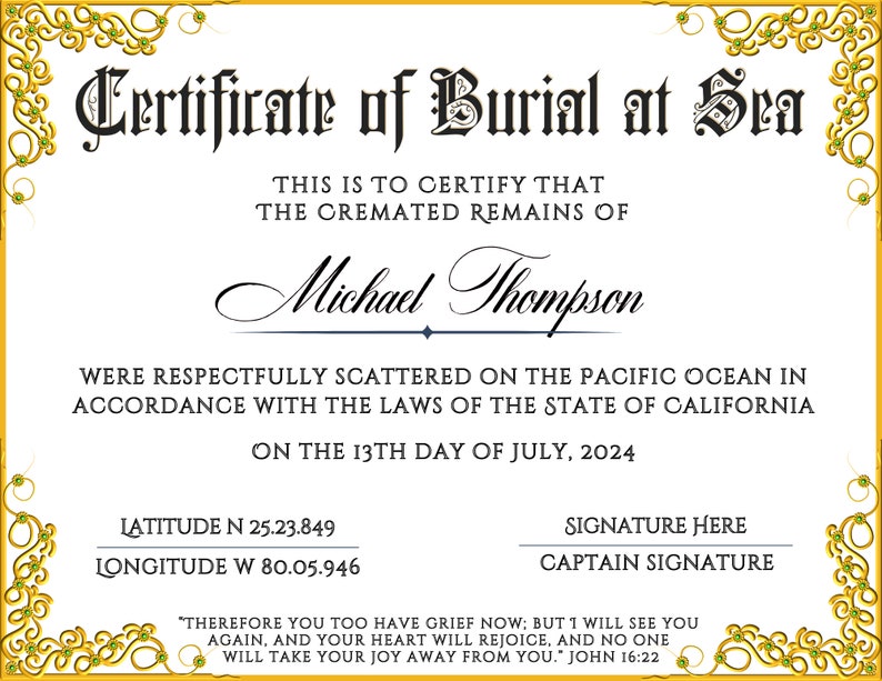 Editable Certificate of Burial at Sea Template, Printable Sea ...