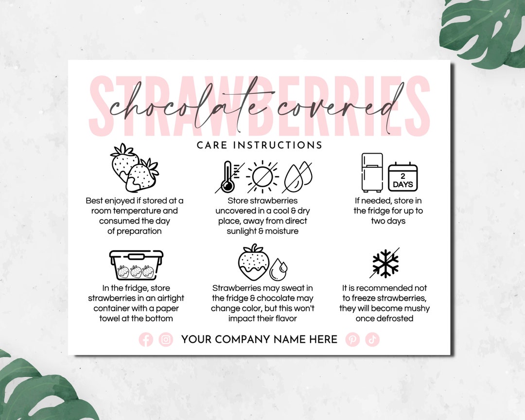 Chocolate Strawberries Care Card, Editable Dipped Strawberry Storage ...
