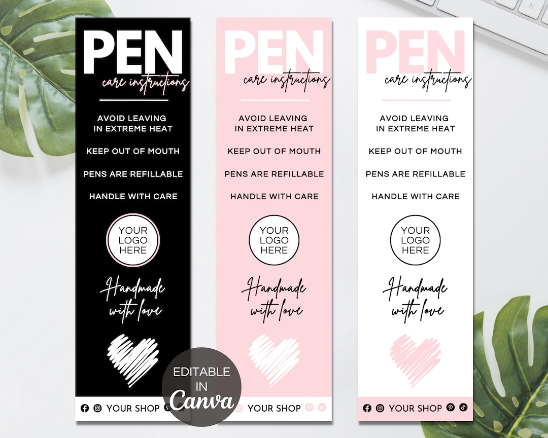 Pen Care Card Template, Epoxy Pen Care Cards, Editable Gel Pen Care ...