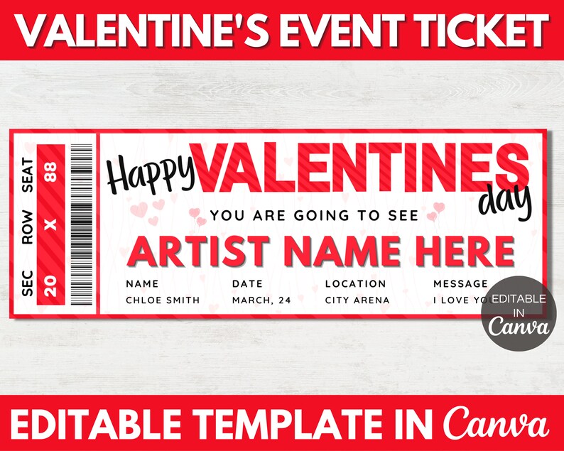 Valentines Concert Ticket Template, Printable Event Tickets, Editable ...