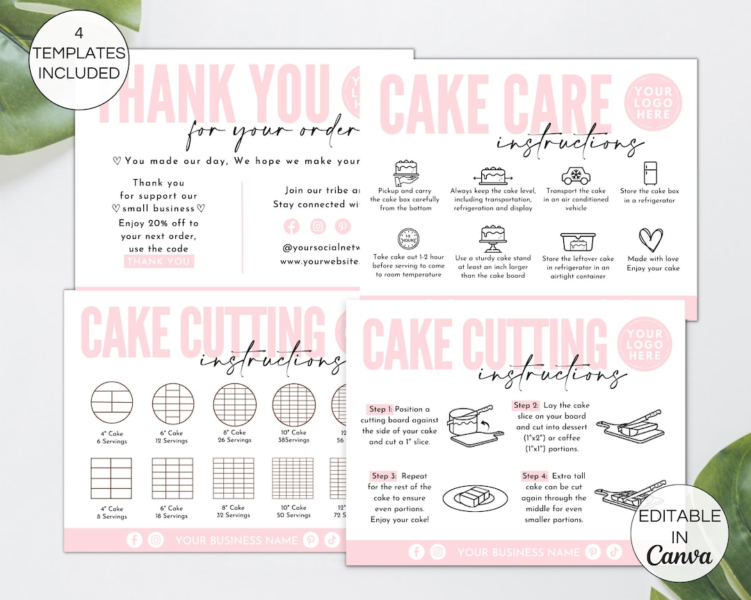 Cake Care Cards Bundle, Editable Cake Cutting Guide Cards, Printable ...