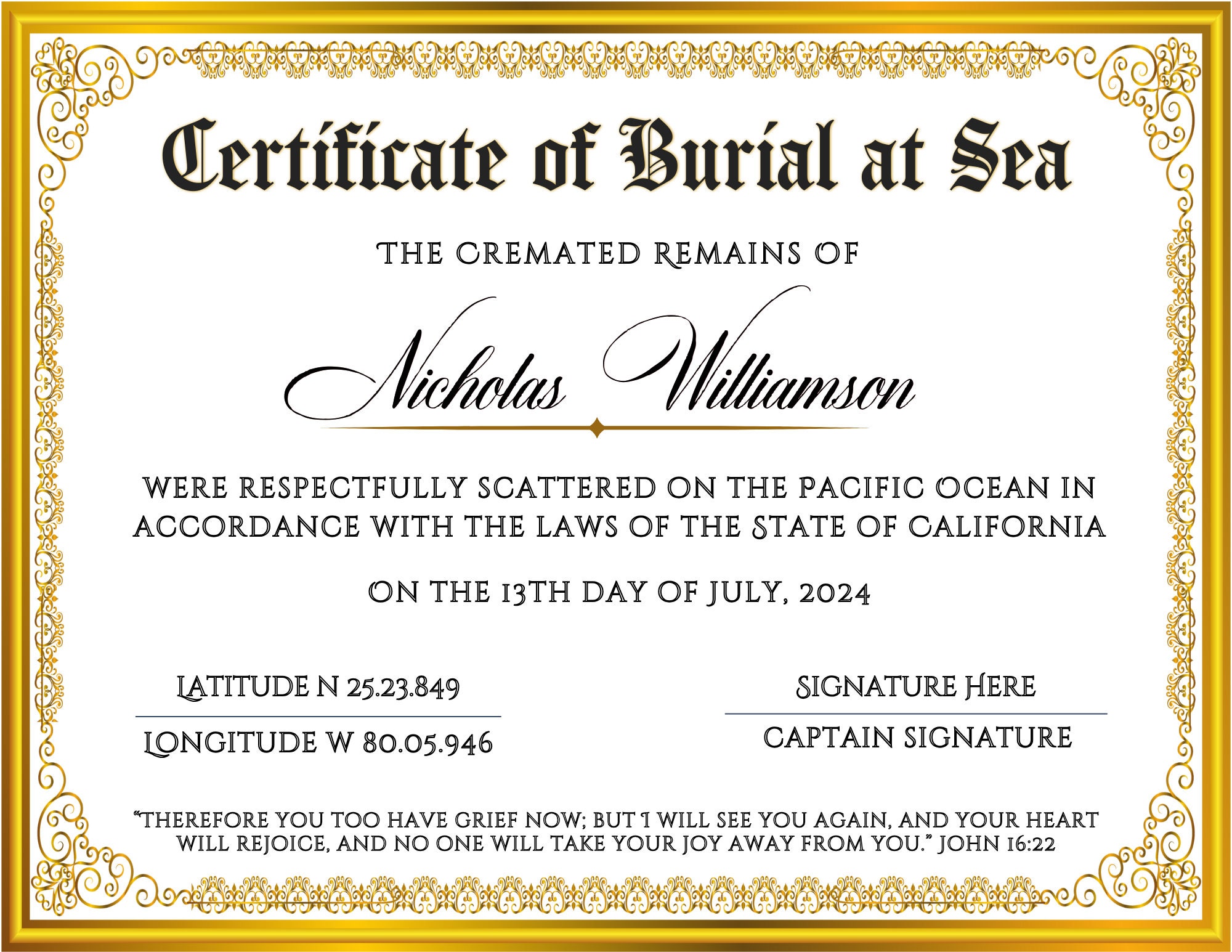 Certificate of Burial at Sea, Memorial Ashes Sea Funeral Keepsake ...