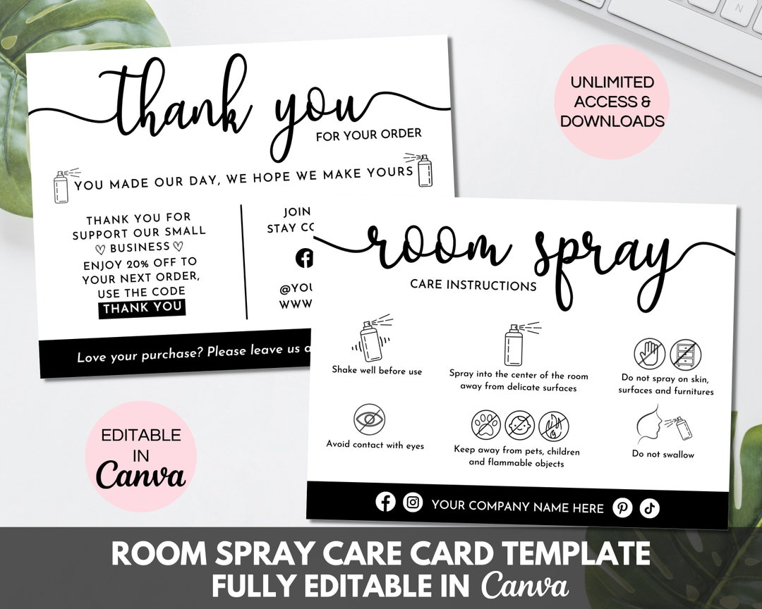 Room Spray Care Card Template, Editable Room Spray Care Instructions ...