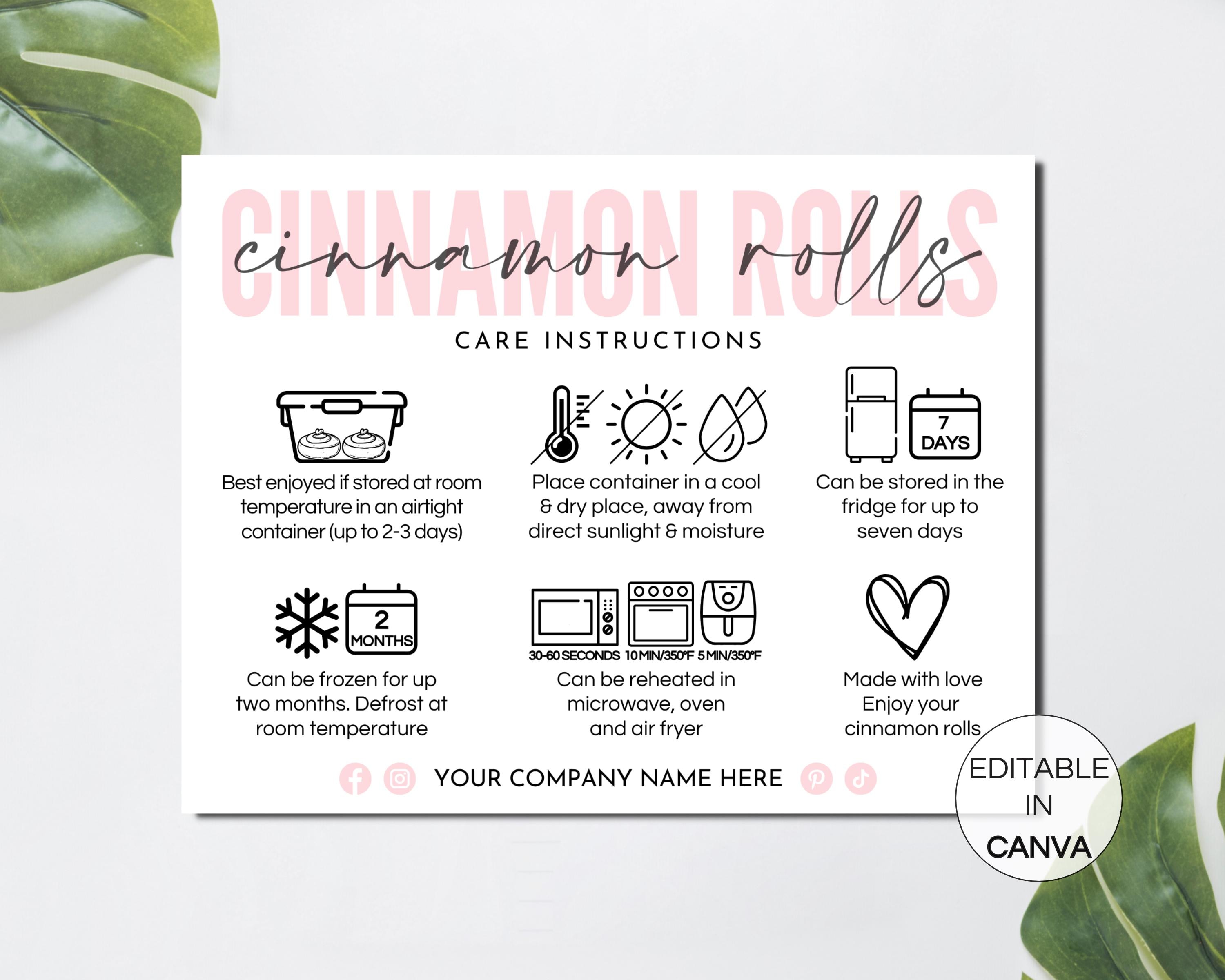 Cinnamon Rolls Care Card Template, Editable Cinnamon Buns Care ...