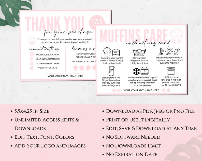 Muffins Care Card, Editable Muffin Instructions Cards, Bakery Business ...