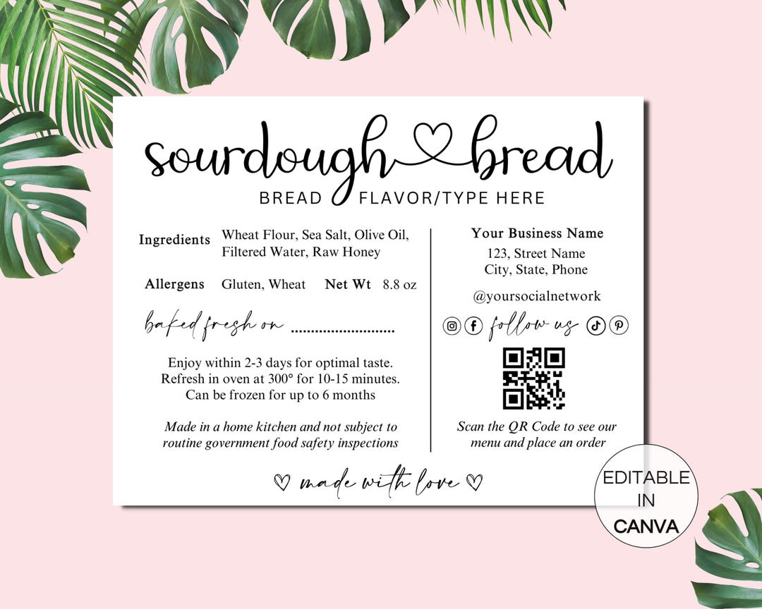 Sourdough Label Template With QR Code, Editable Sourdough Bread Care ...