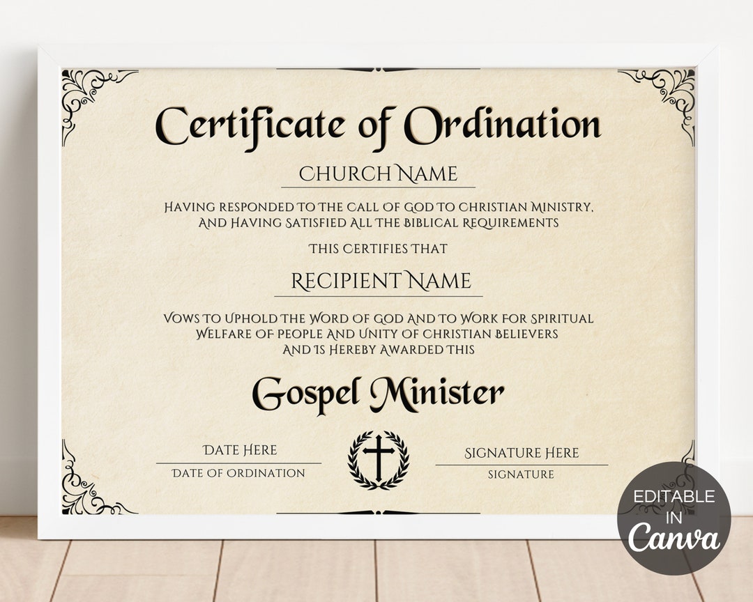 Certificate of Ordination Template, Ordained Minister Editable ...
