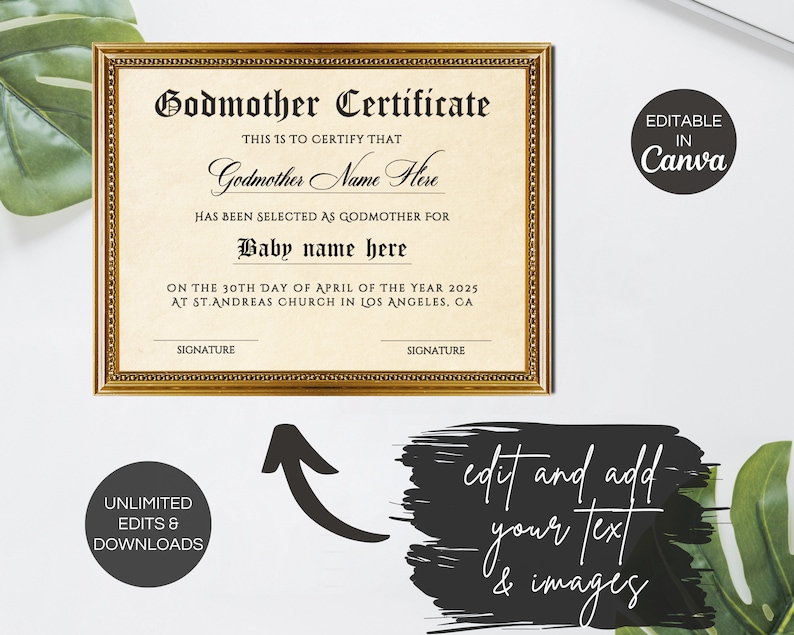 Editable Godmother Certificate, Printable Baptism Keepsake Godparents ...