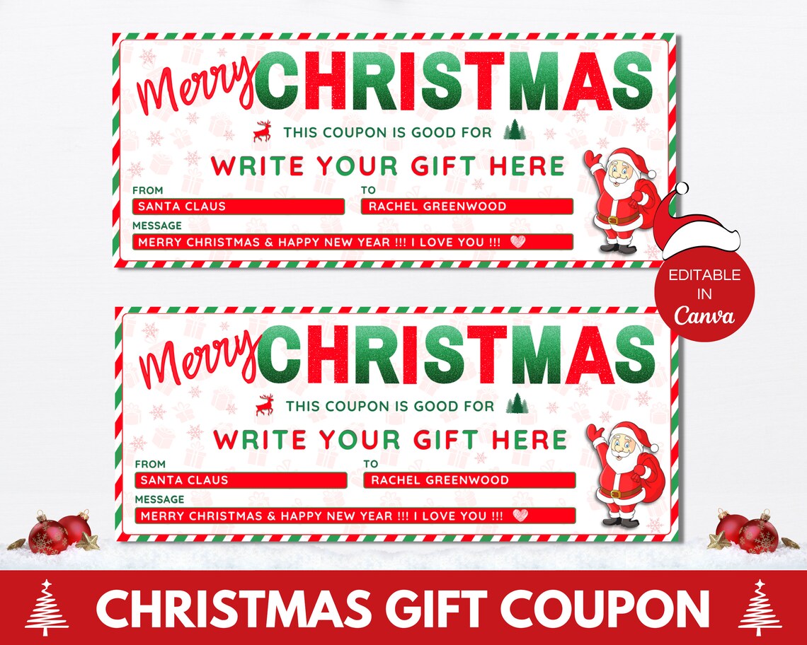 Editable Christmas Coupon Canva Template, Christmas Gift Card, Editable ...