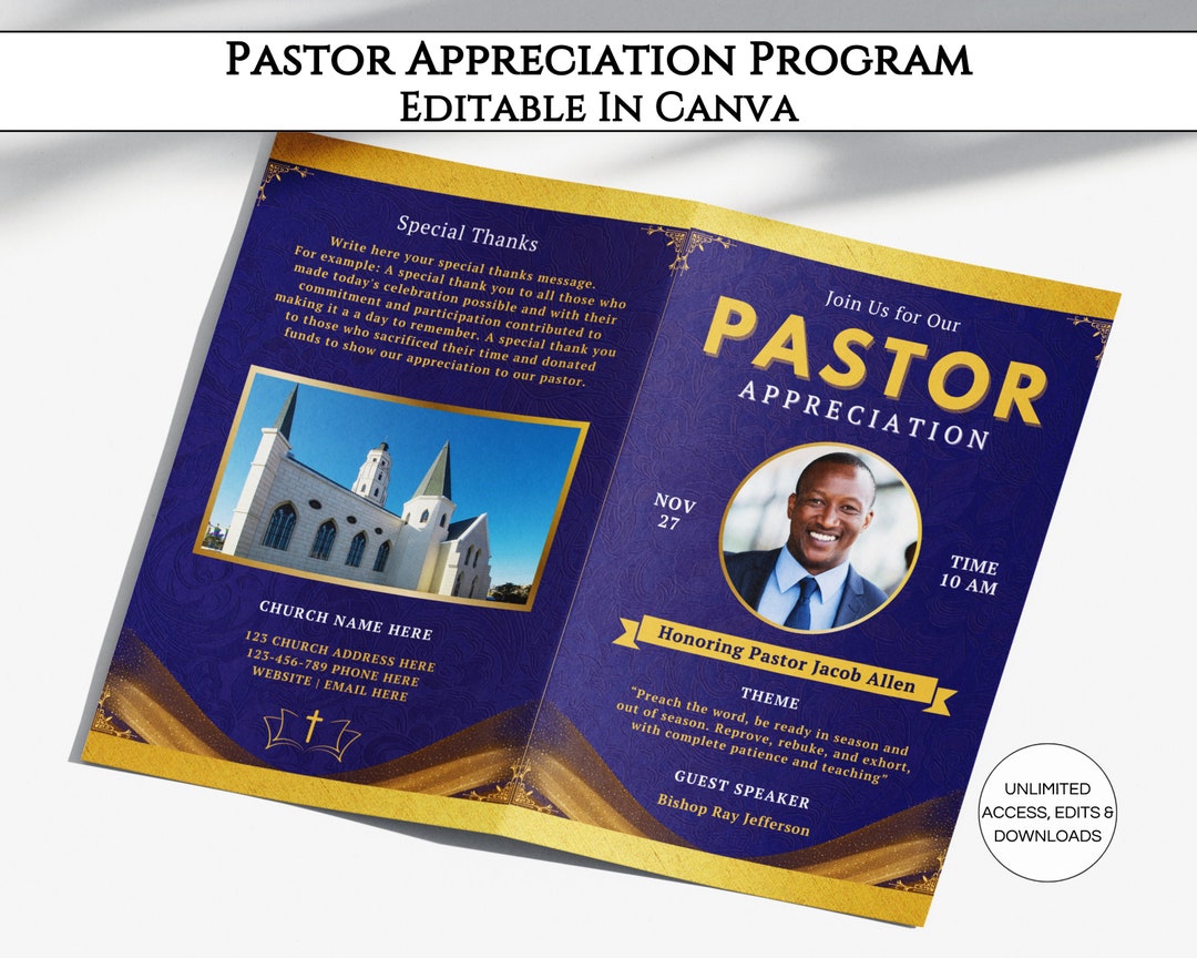 Pastor Appreciation Program Template, Editable Pastor Installation ...