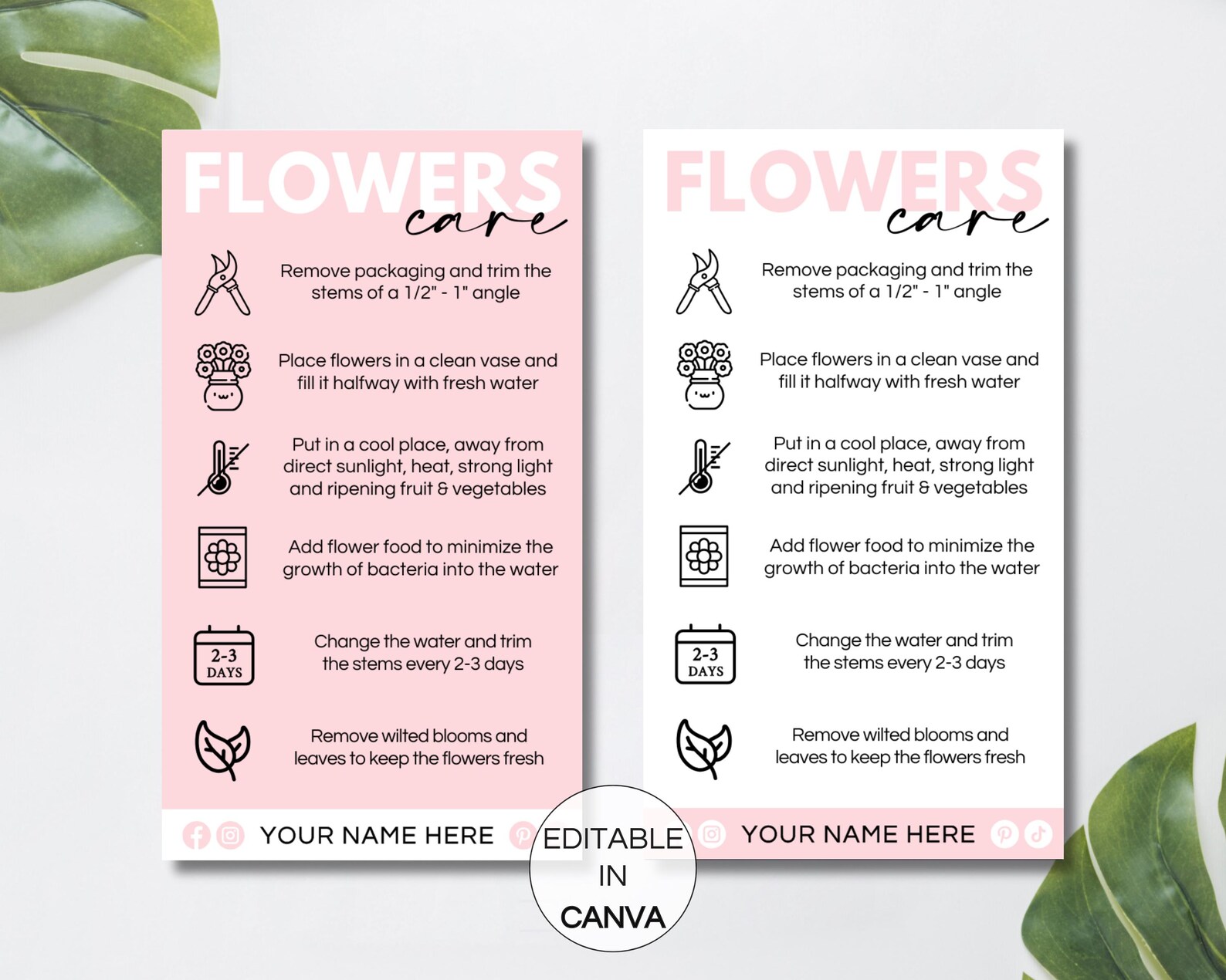 Flowers Care Card, Printable Bouquet Blooms Florist Instructions Cards ...