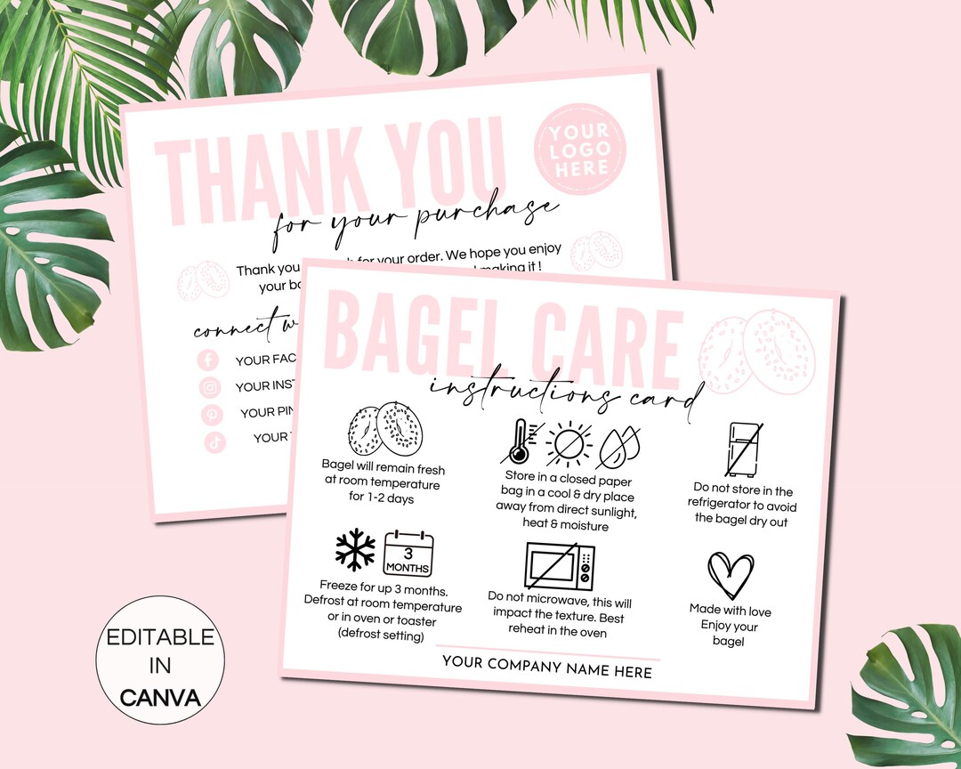 Bagel Care Card Template, Editable Bagel Care Instructions, Printable ...