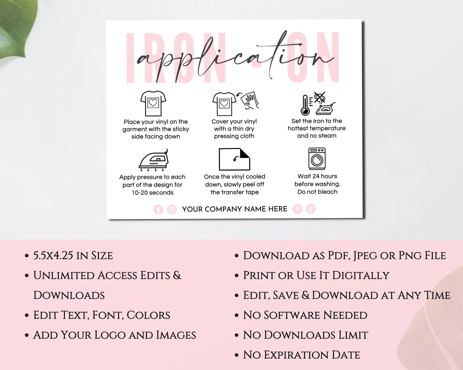 Iron-on Instructions Card, Printable Heat Transfer Vinyl Care Cards ...
