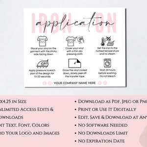 Iron-on Instructions Card, Editable Heat Transfer Vinyl Care Card ...