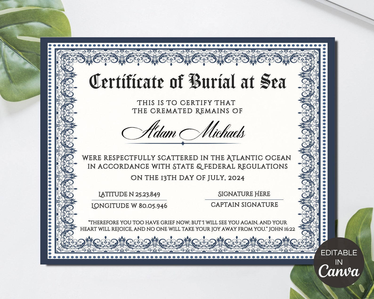 Certificate of Burial at Sea Template, Editable Burial at Sea ...