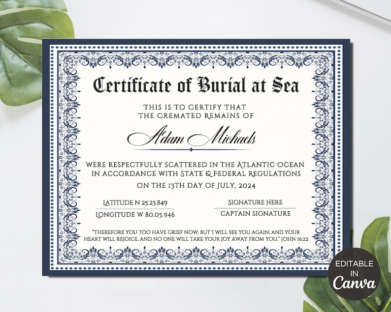 Certificate of Burial at Sea Template, Editable Burial at Sea ...