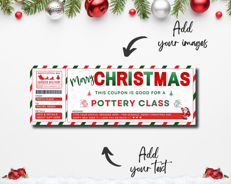 Editable Christmas Pottery Class Gift Coupon Template, Printable Xmas ...