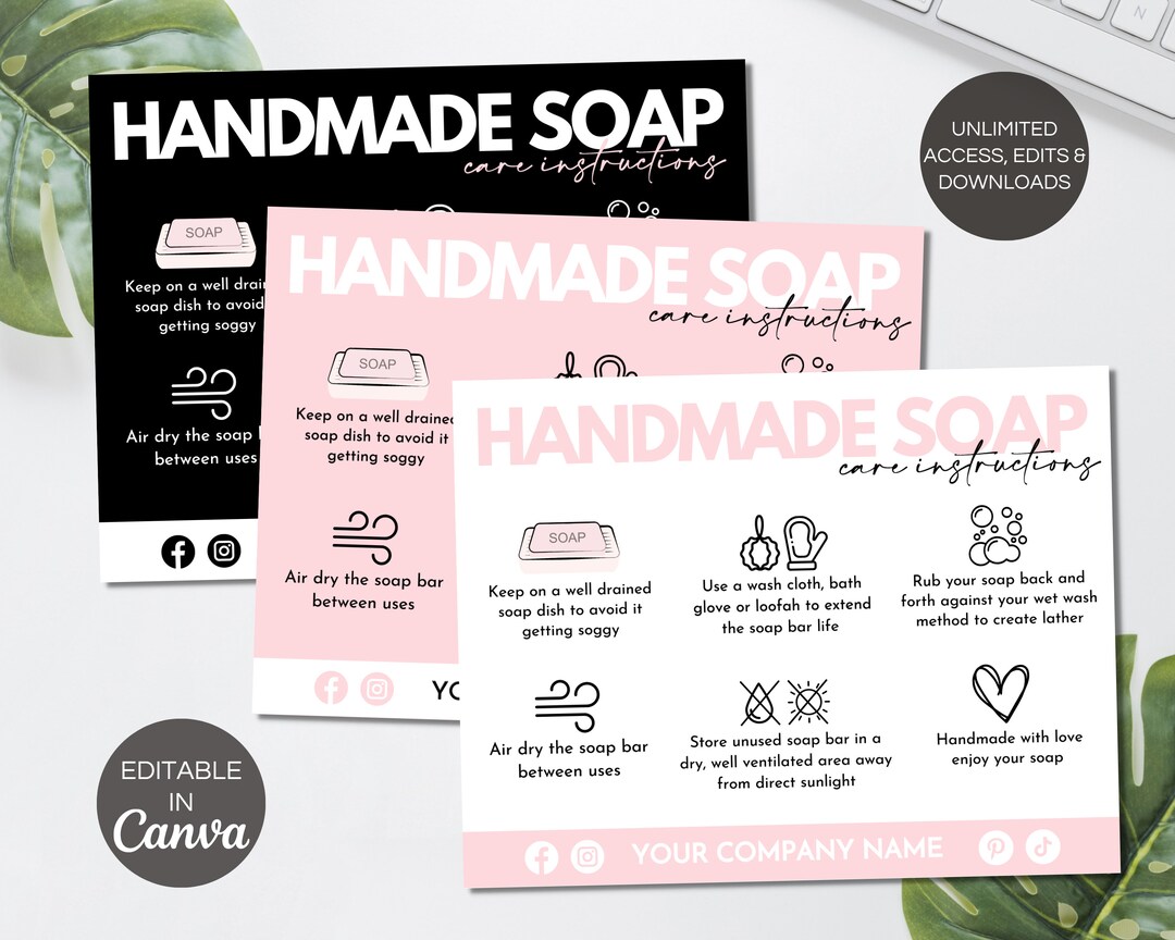 Soap Care Card Template, Editable Handmade Soap Care Cards, Printable ...