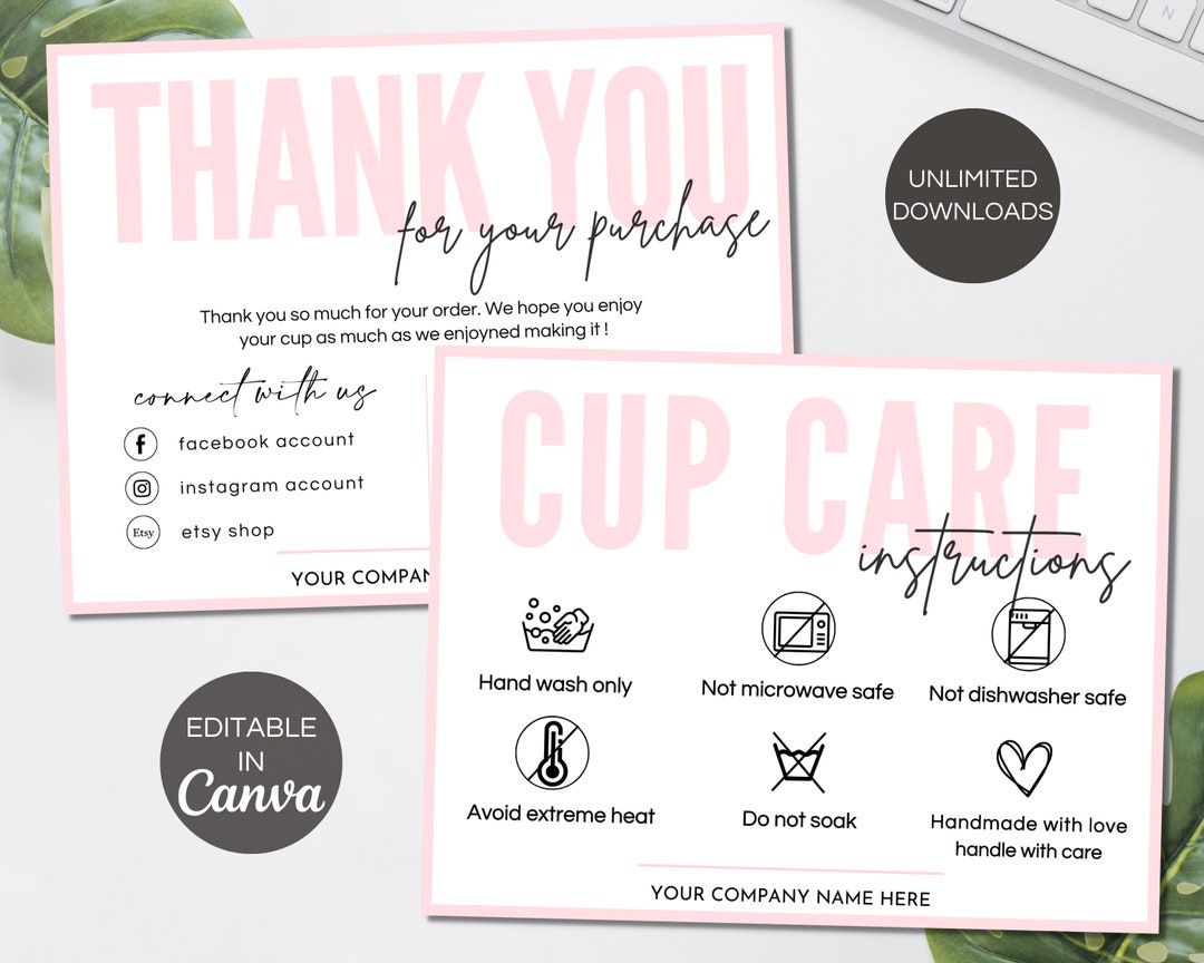 Cup Care Card, Printable Tumbler Care Instructions, Editable Canva ...
