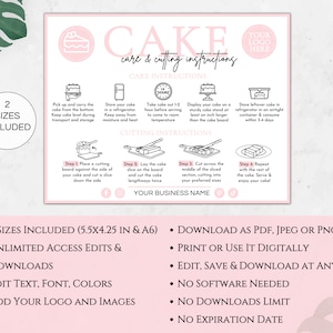 Cake Care Card Canva Template, Editable Cake Cutting Guide Cards ...