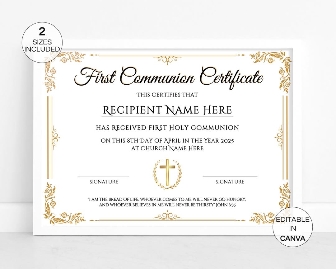 First Communion Certificate Template, Editable First Holy Communion ...