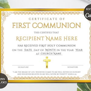 First Communion Certificate Template, Editable First Holy Communion ...