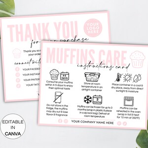 Muffins Care Card, Editable Muffin Instructions Cards, Bakery Business ...