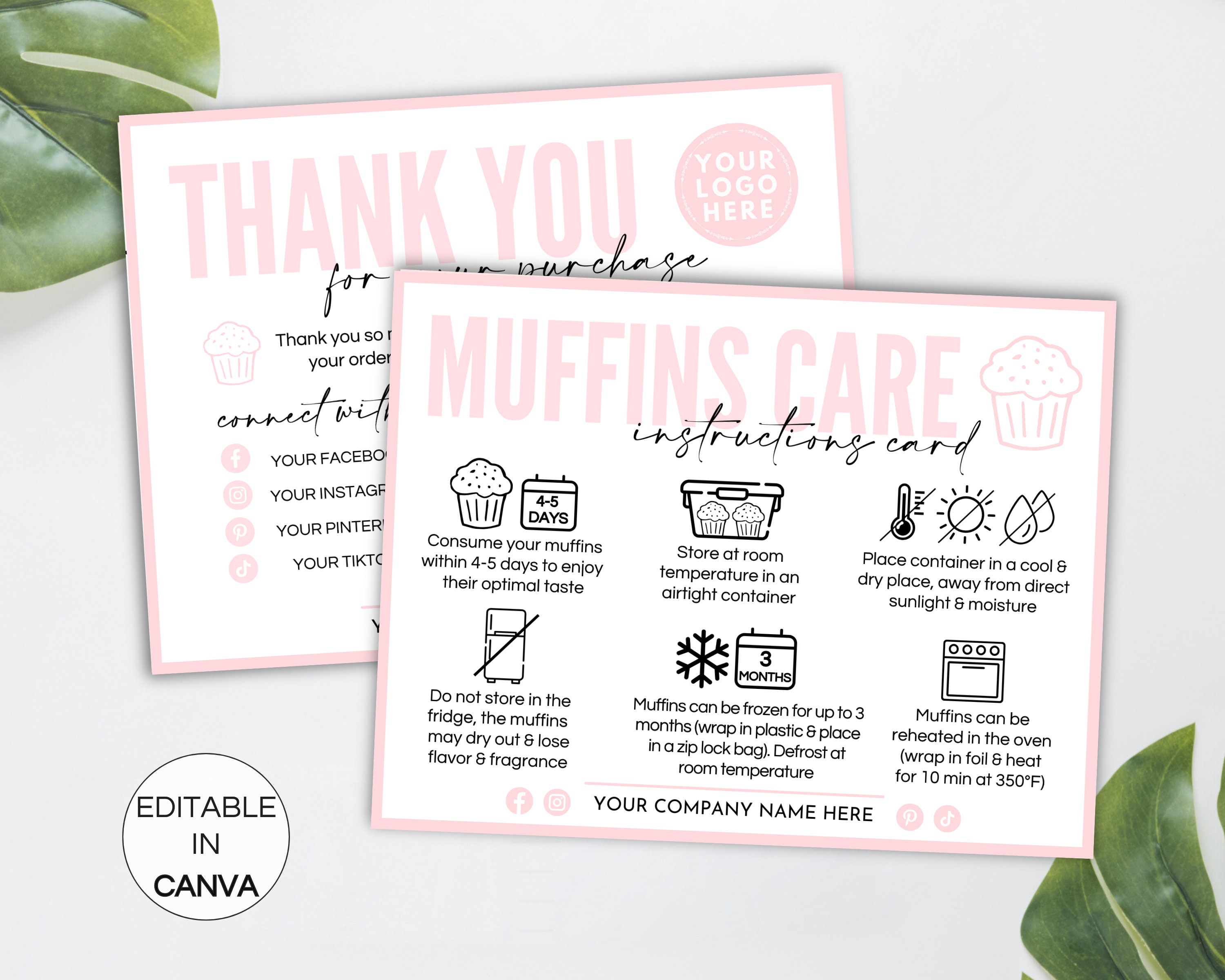Muffins Care Card, Editable Muffin Instructions Cards, Bakery Business ...