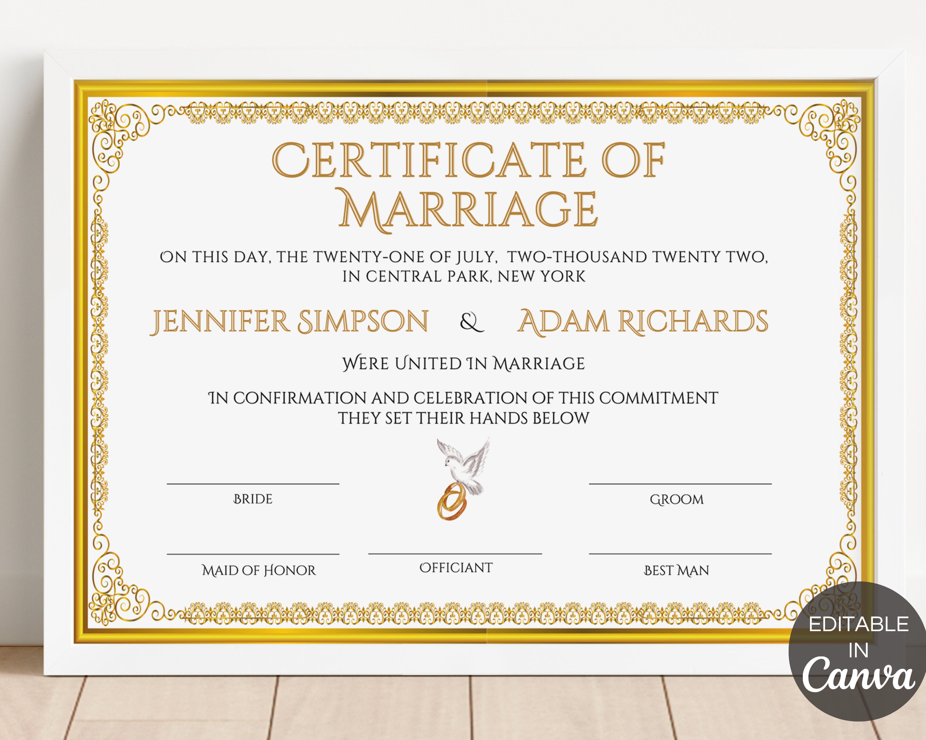 Certificate of Marriage Template Custom Marriage Certificate - Etsy UK