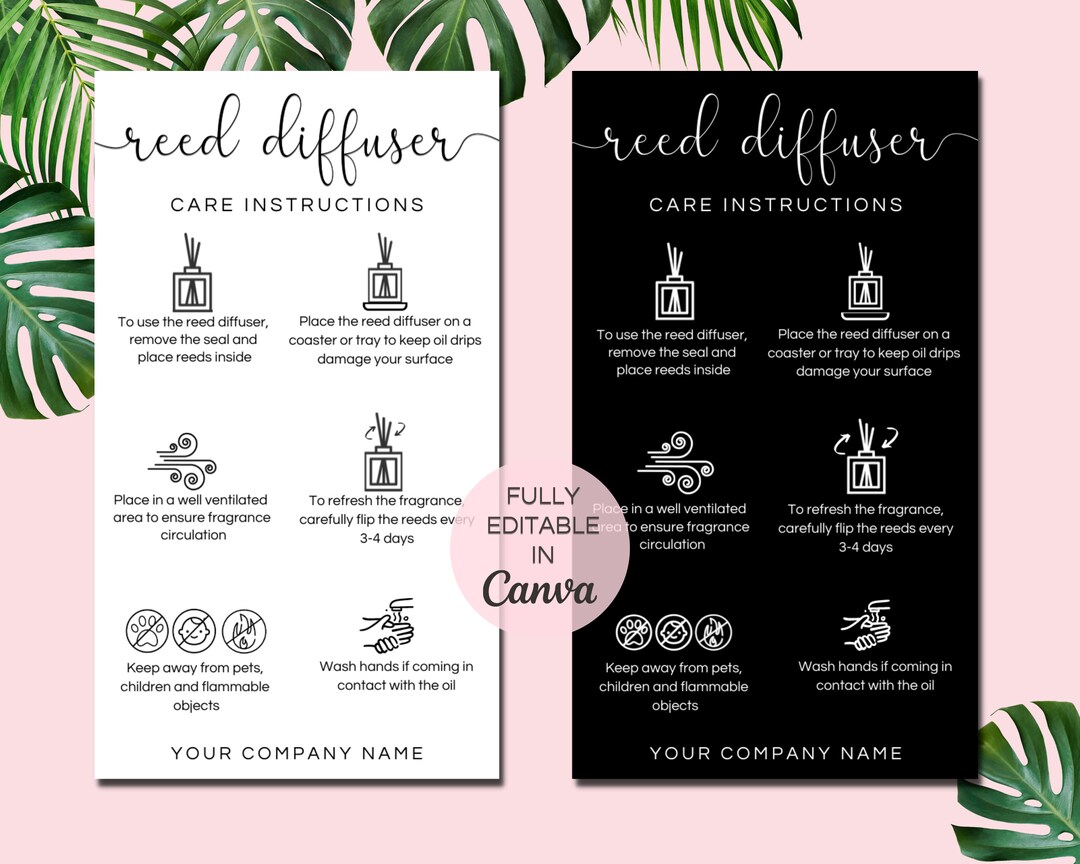 Reed Diffuser Care Card, Printable Room Diffuser Instructions Cards ...